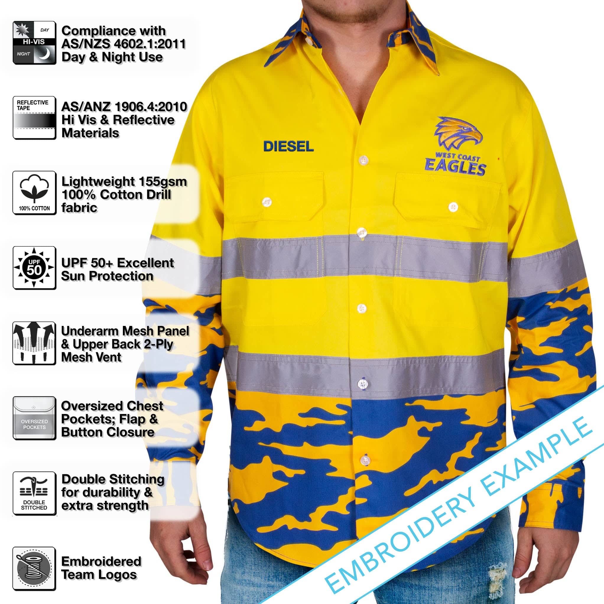 AFL West Coast Eagles 'Camo' Hi-Vis Work Shirt | Ashtabula